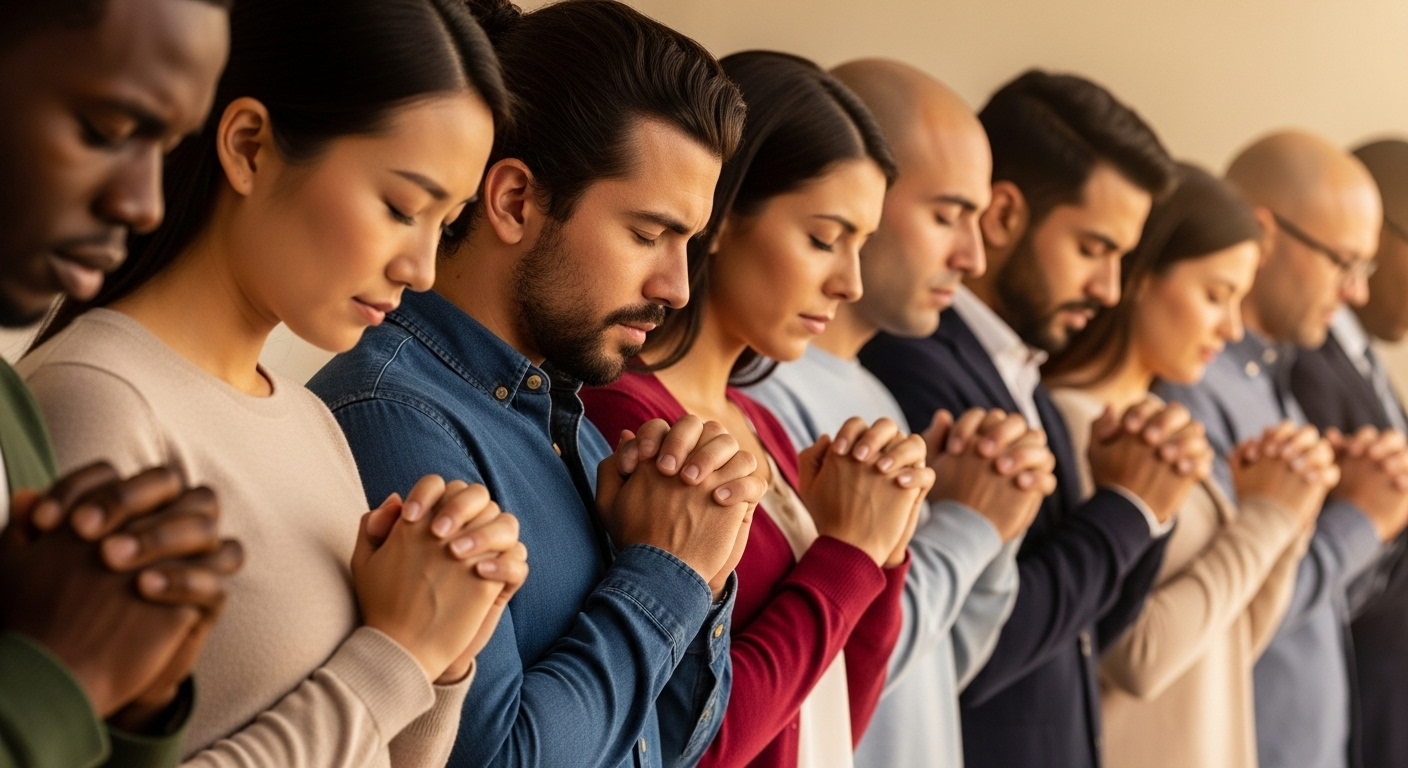 Diverse prayer lineup with people of different ethnicities standing ...